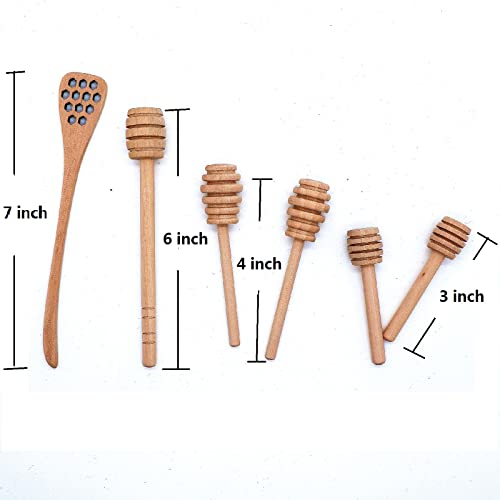 Newwe Honey Dippers (6 pcs set) Wooden Honey Stick in 3 inch, 4inch 7inch Party Supply Wood Honey Spoon For Honey Jar Mixing Stick