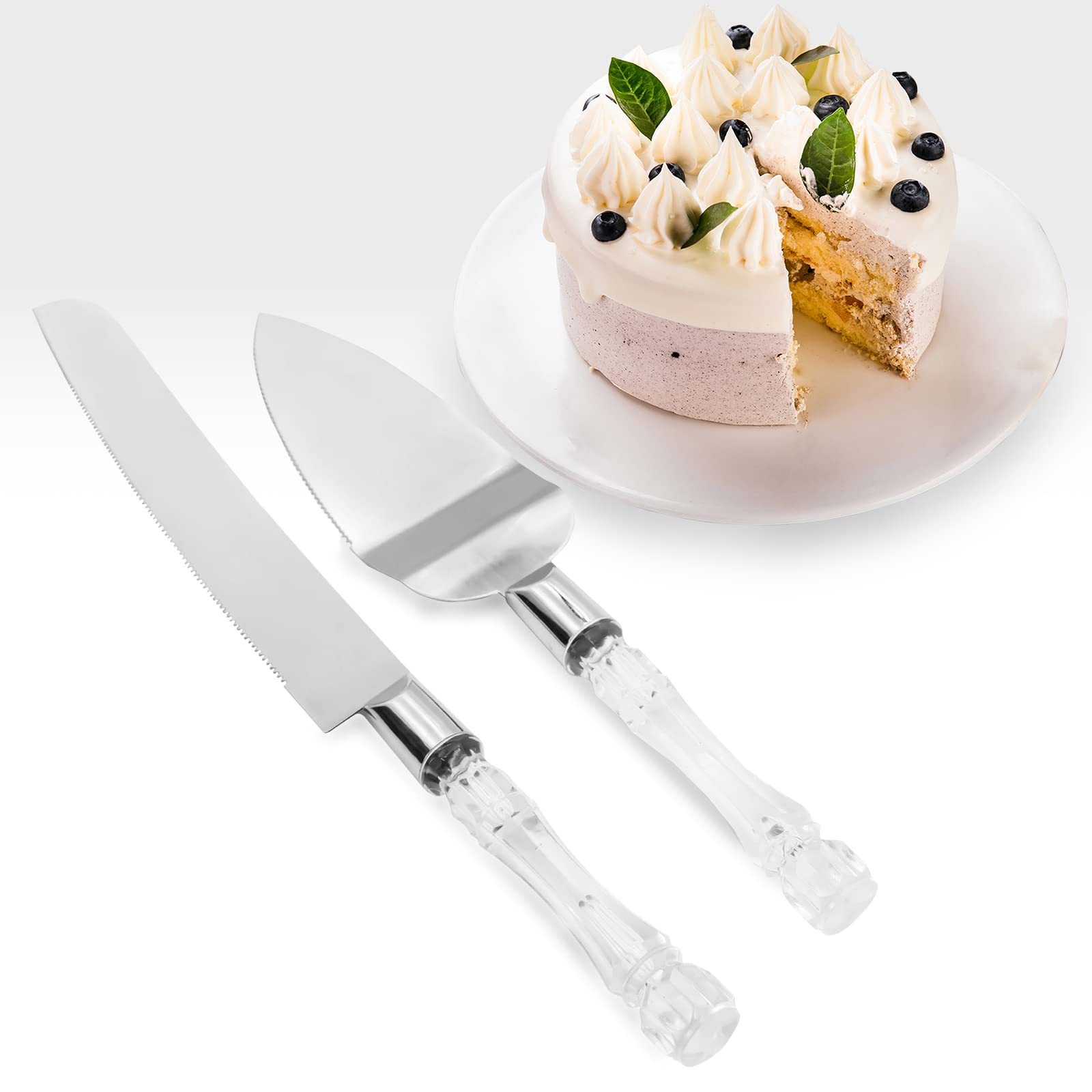 2PC Wedding Cake Knife and Server Set, TWUTGAYW Stainless Steel Cake Cutter and Pie Server Faux Crystal Handle Serving Utensils, Cake Cutting Set for Wedding Holiday Thanksgiving Christmas Parties