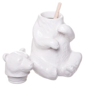 Red Co. Charming Ceramic Bear Honey Pot with Bamboo Honey Dipper, White, 7-inch