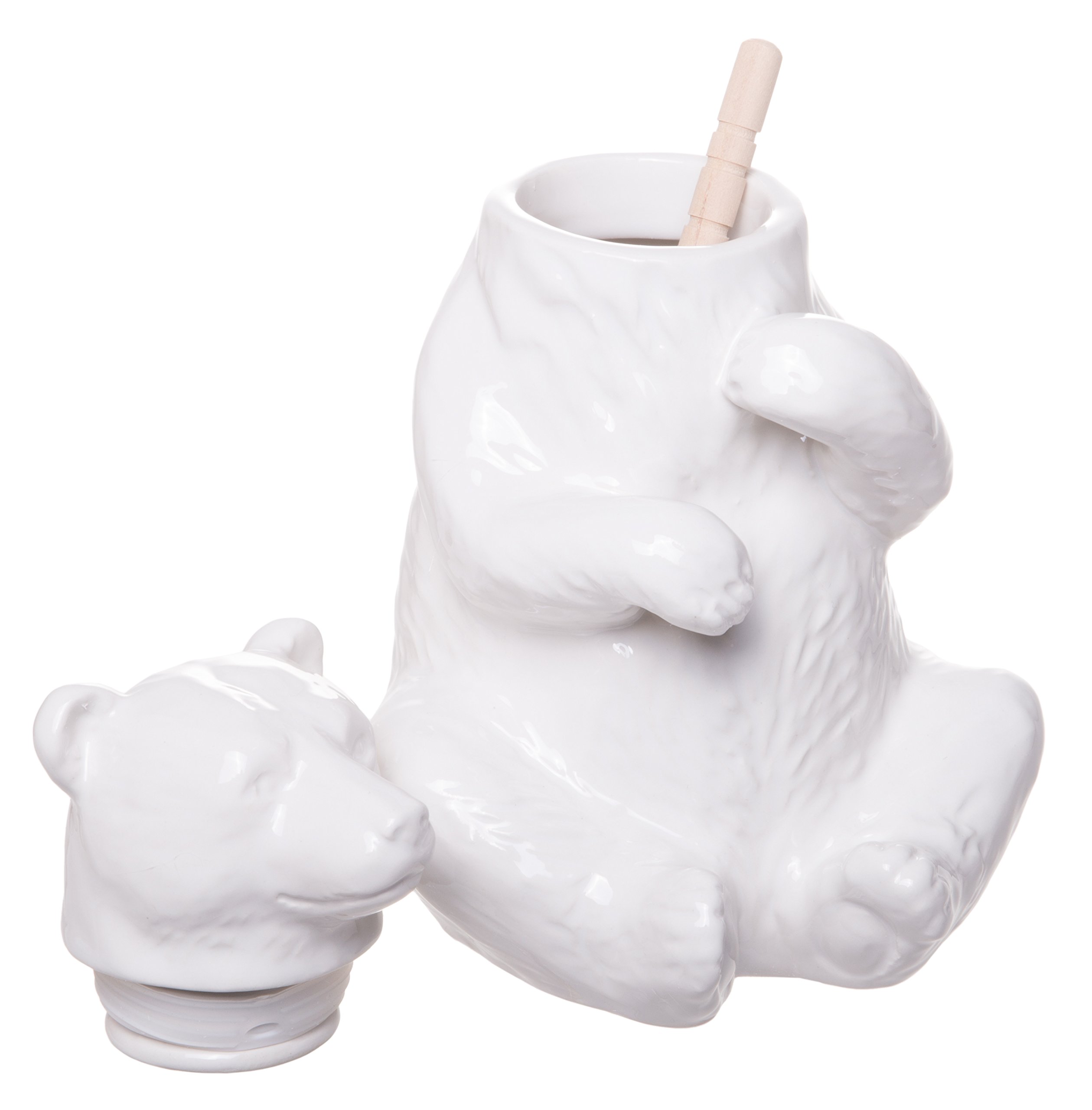 Red Co. Charming Ceramic Bear Honey Pot with Bamboo Honey Dipper, White, 7-inch