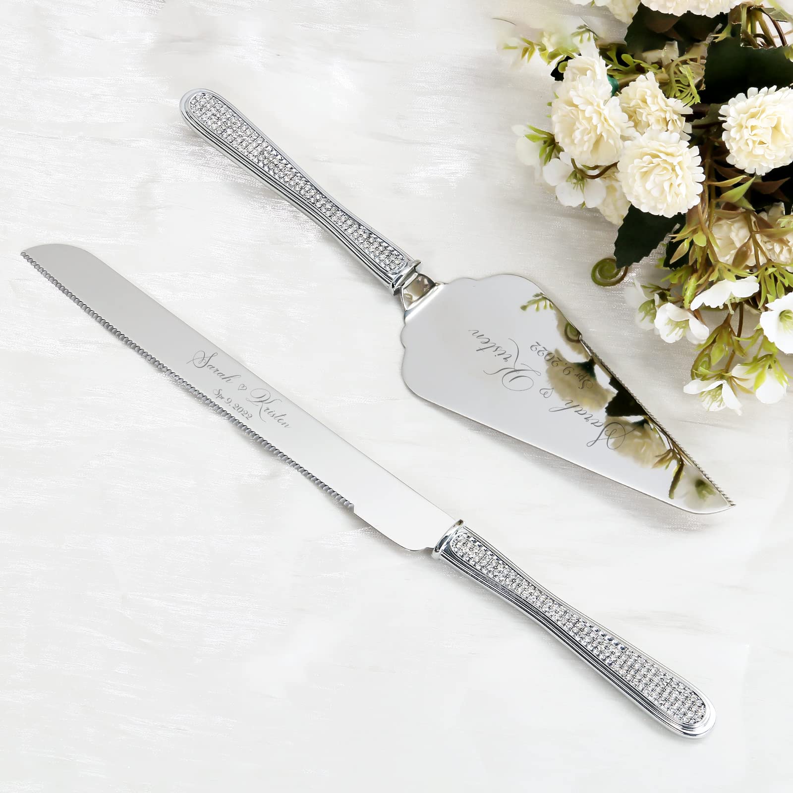 Wedding Cake Knife & Server Set, Personalized Diamond Cake Cutting Set, Gold Bridal Serving Set, Engraved Pastry Pie Server Pizza Cutter, Quinceañera Birthday Anniversary Classic Gift (Silver 2)