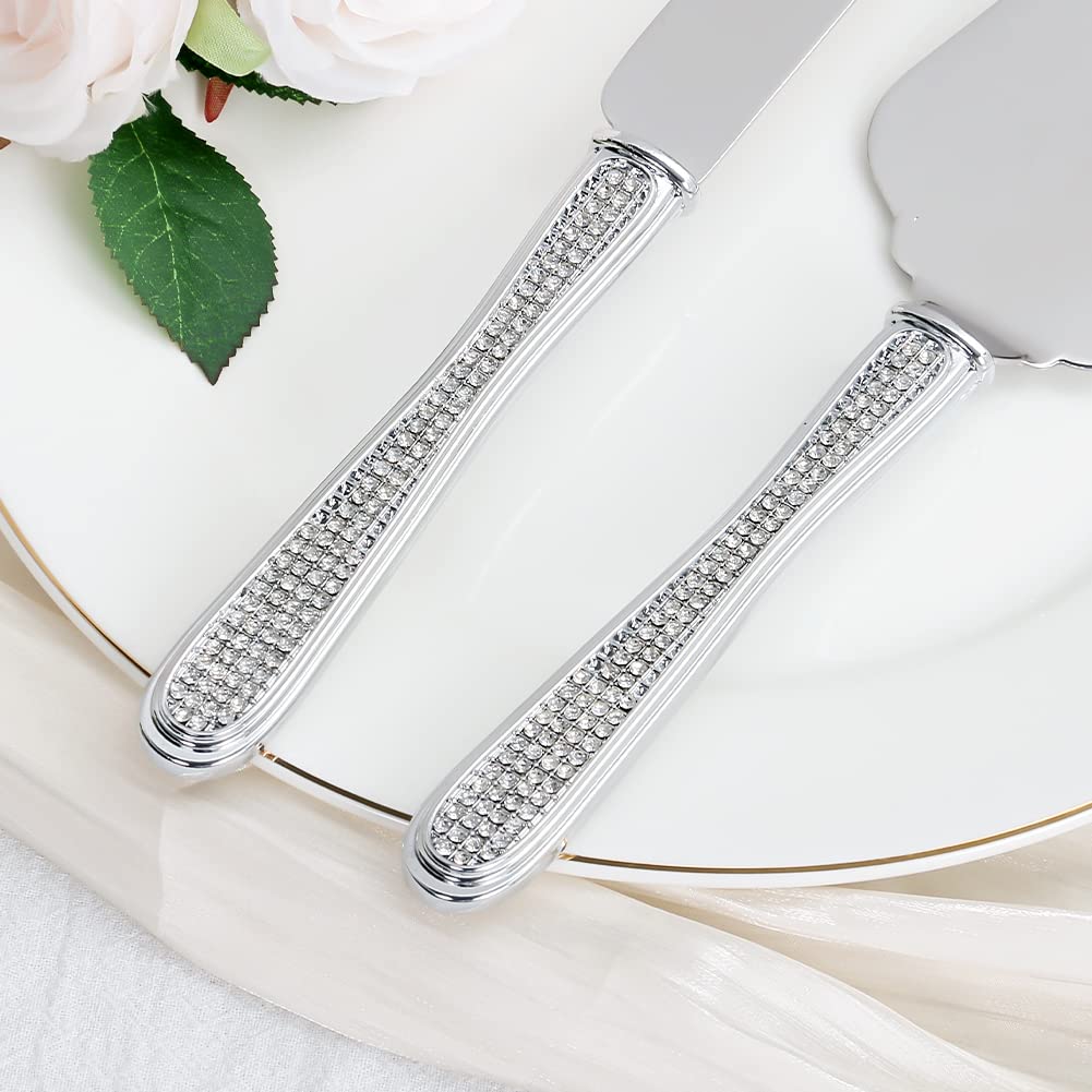 Wedding Cake Knife & Server Set, Personalized Diamond Cake Cutting Set, Gold Bridal Serving Set, Engraved Pastry Pie Server Pizza Cutter, Quinceañera Birthday Anniversary Classic Gift (Silver 2)