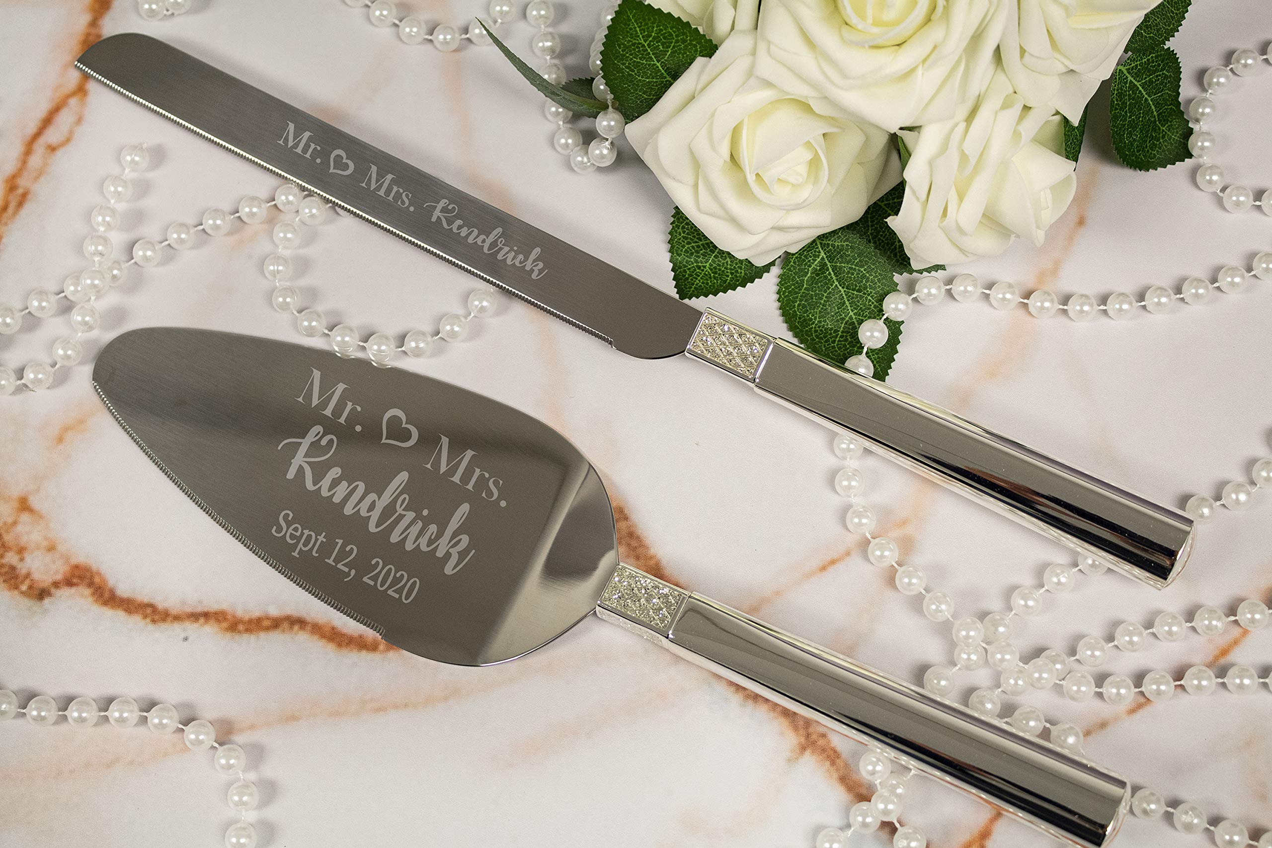 Waterford Lismore Diamond Silver Personalized Wedding Cake Knife and Server Set, Custom Engraved Wedding Cake Cutting Set, Accessories and Gifts for the Bride and Groom