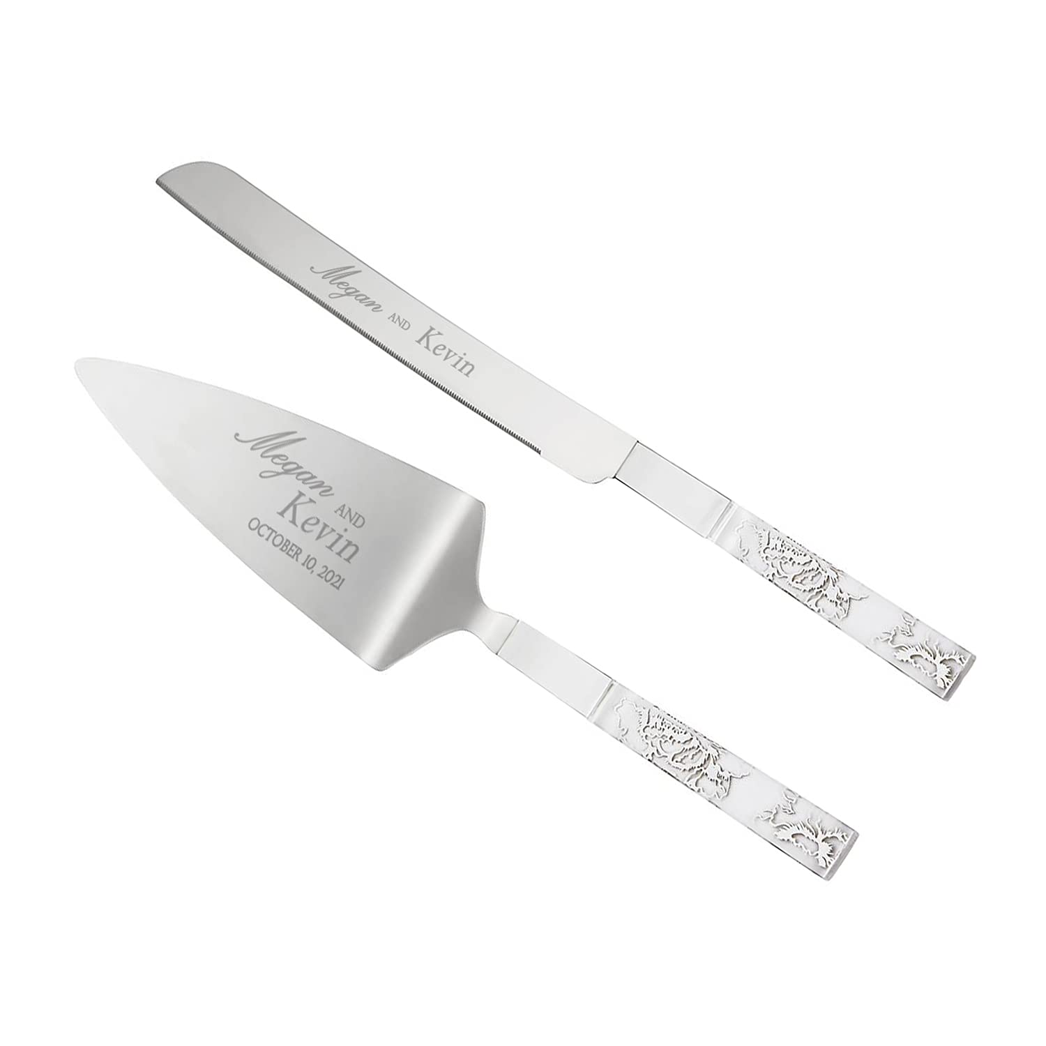 Lenox Bridal Silver Peony Personalized Wedding Cake Cutting Set, Custom Engraved Wedding Cake Knife and Server Set, Accessories and Gifts for Bride and Groom