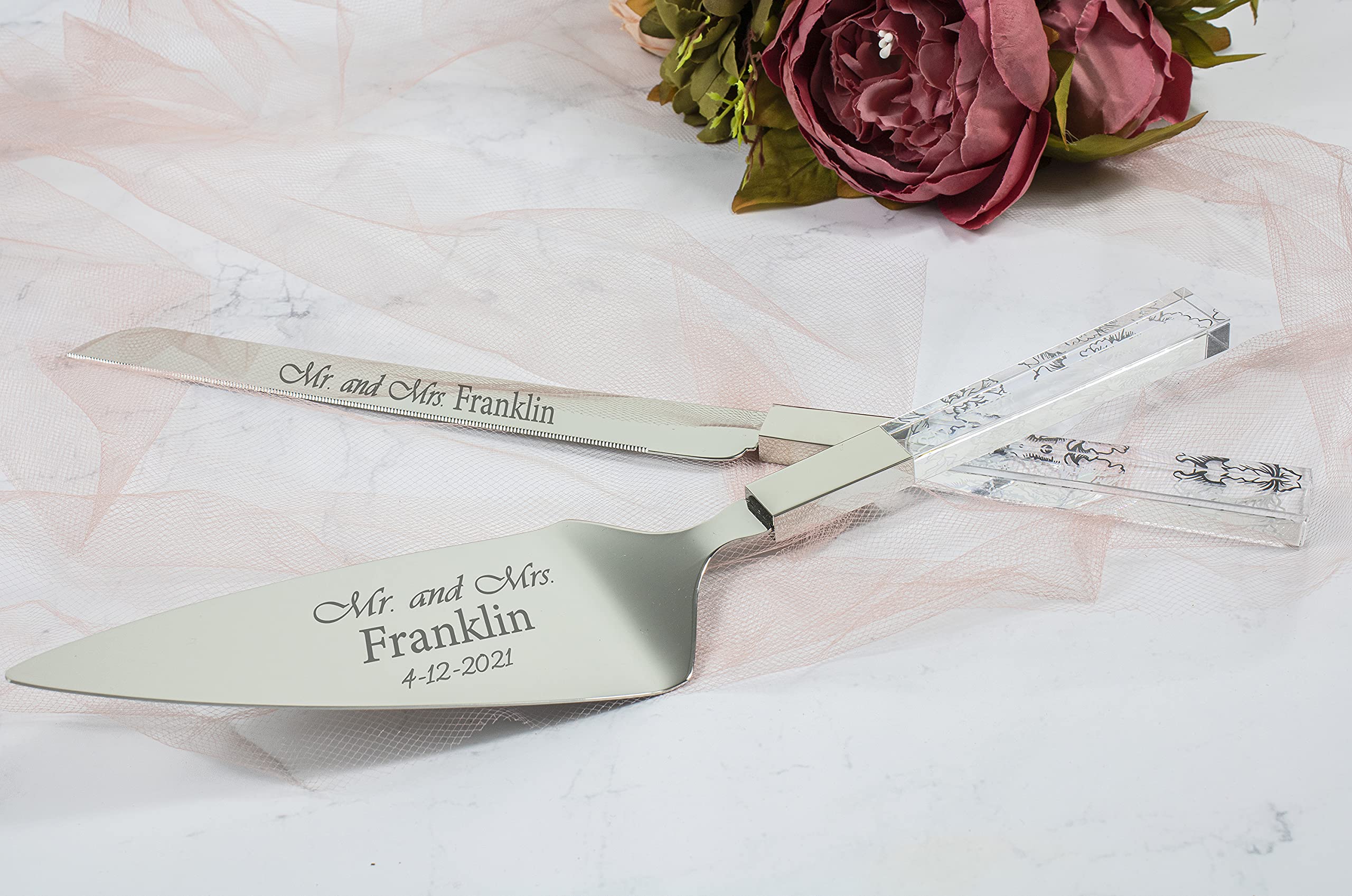 Lenox Bridal Silver Peony Personalized Wedding Cake Cutting Set, Custom Engraved Wedding Cake Knife and Server Set, Accessories and Gifts for Bride and Groom