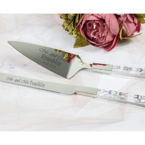 Lenox Bridal Silver Peony Personalized Wedding Cake Cutting Set, Custom Engraved Wedding Cake Knife and Server Set, Accessories and Gifts for Bride and Groom