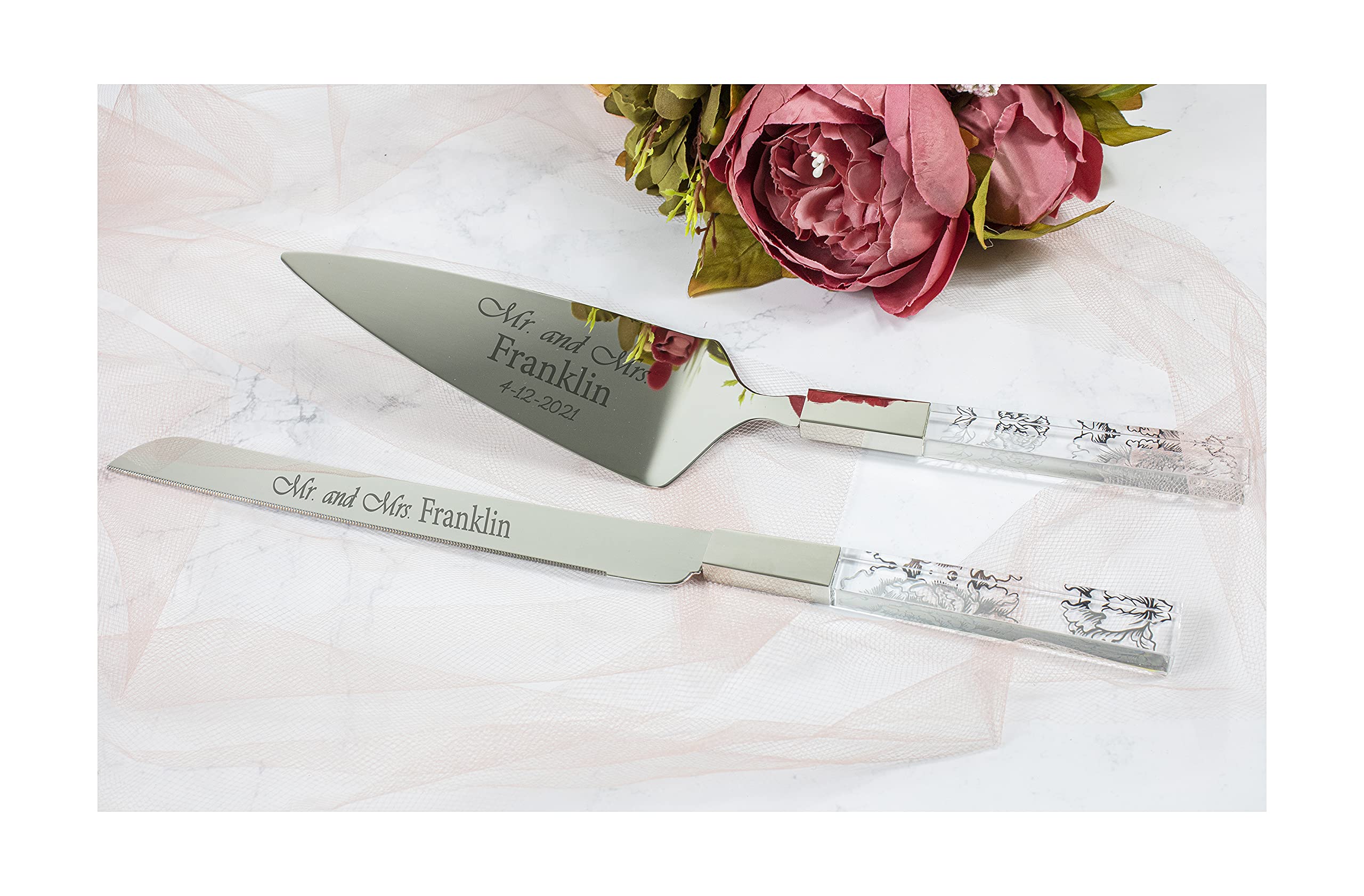 Lenox Bridal Silver Peony Personalized Wedding Cake Cutting Set, Custom Engraved Wedding Cake Knife and Server Set, Accessories and Gifts for Bride and Groom