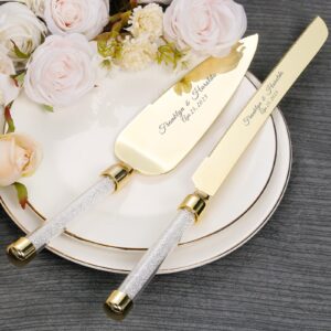 tukdak personalized wedding cake knife and server set, engraved crystal cake cutting set, gold cake cutter set, pie server pizza knife gift for bridal couples shower (white crystal gold)