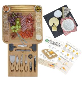 cotswold homeware co cheese board set - wooden serving platter, cheese cutting board & cheese knife set, charcuterie accessories, unique for housewarming, party hosting essentials