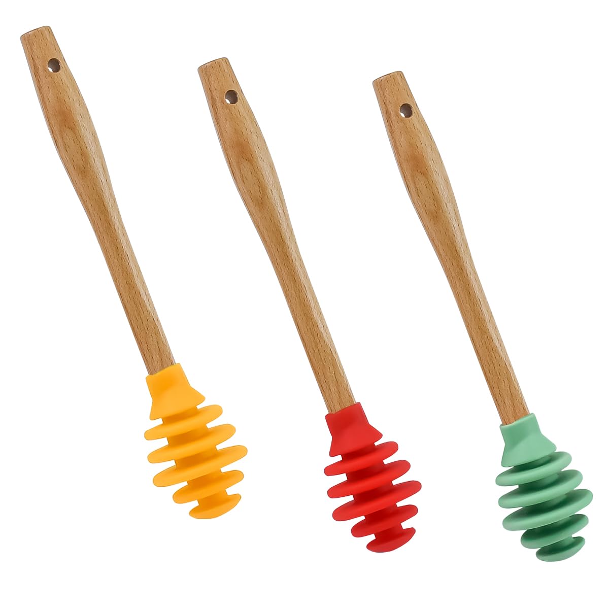 3 Pcs Honey Dipper Stick, Silicone Head Spiral Honey Spoon, Jar Honey Dispensing Stirring Rod Honey Dipper (Red/Yellow/Green)