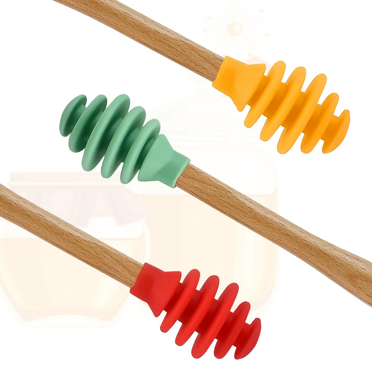 3 Pcs Honey Dipper Stick, Silicone Head Spiral Honey Spoon, Jar Honey Dispensing Stirring Rod Honey Dipper (Red/Yellow/Green)