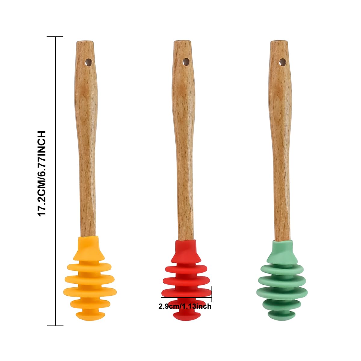 3 Pcs Honey Dipper Stick, Silicone Head Spiral Honey Spoon, Jar Honey Dispensing Stirring Rod Honey Dipper (Red/Yellow/Green)