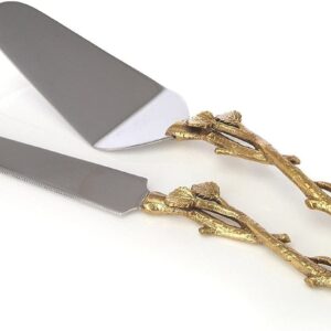 Le'raze 2 Piece Gold-leaf (twig) Cake Server Set. 1 Cake Knife and 1 Cake Server. Leaf Design 2 Tone Made of Stainless Steel and Brass. Ideal for Weddings, parties, Elegant Events