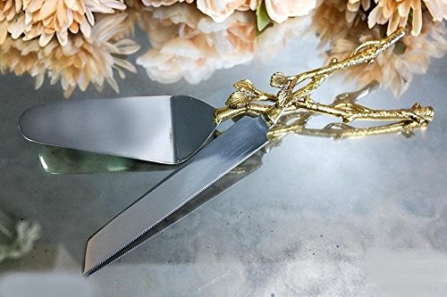 Le'raze 2 Piece Gold-leaf (twig) Cake Server Set. 1 Cake Knife and 1 Cake Server. Leaf Design 2 Tone Made of Stainless Steel and Brass. Ideal for Weddings, parties, Elegant Events