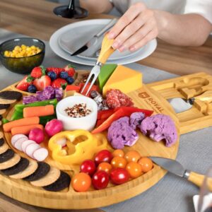 ROYAL CRAFT WOOD Bamboo Cheese Large Round Board and Knife Set with Charcuterie Board & Serving Tray Non - Expandable