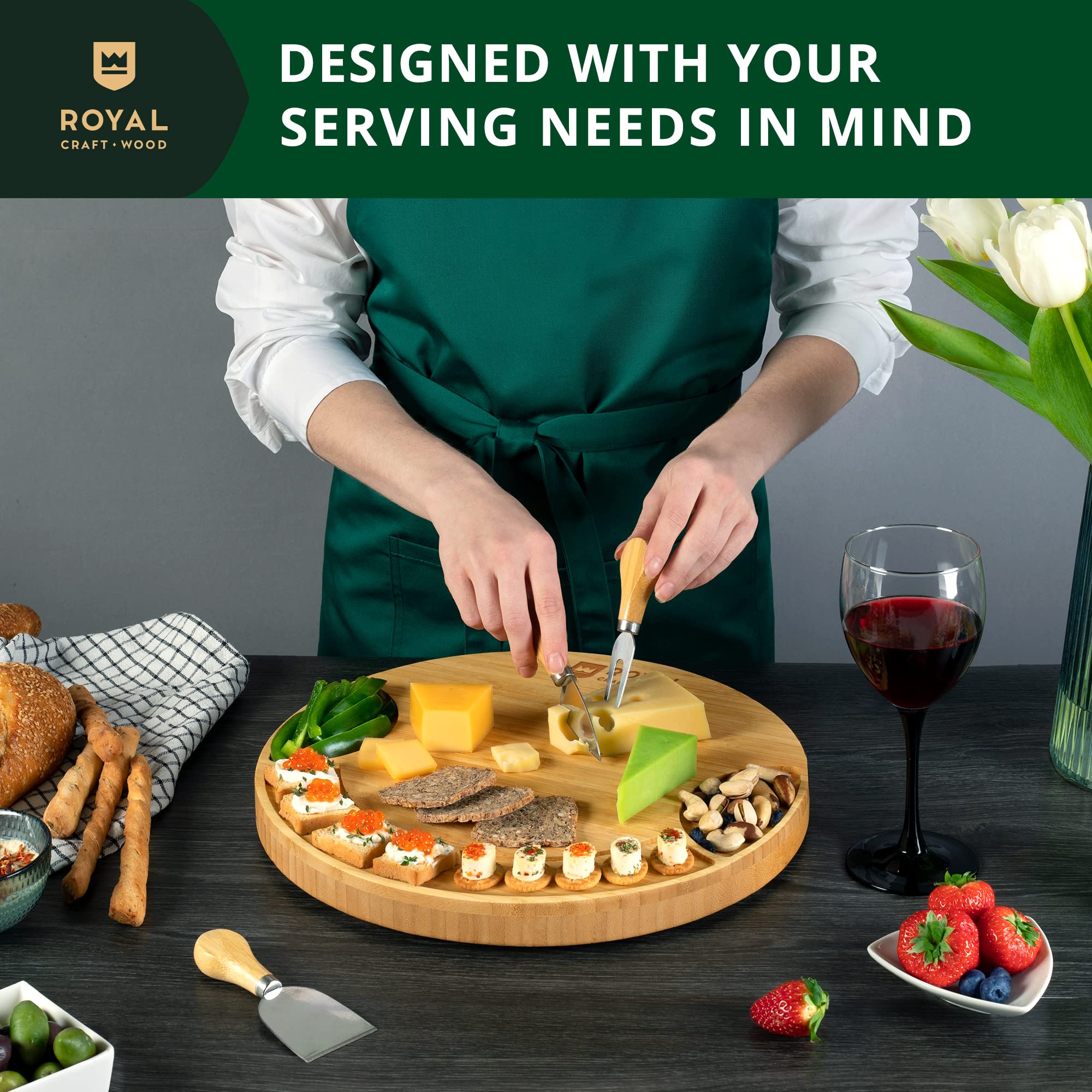 ROYAL CRAFT WOOD Bamboo Cheese Large Round Board and Knife Set with Charcuterie Board & Serving Tray Non - Expandable