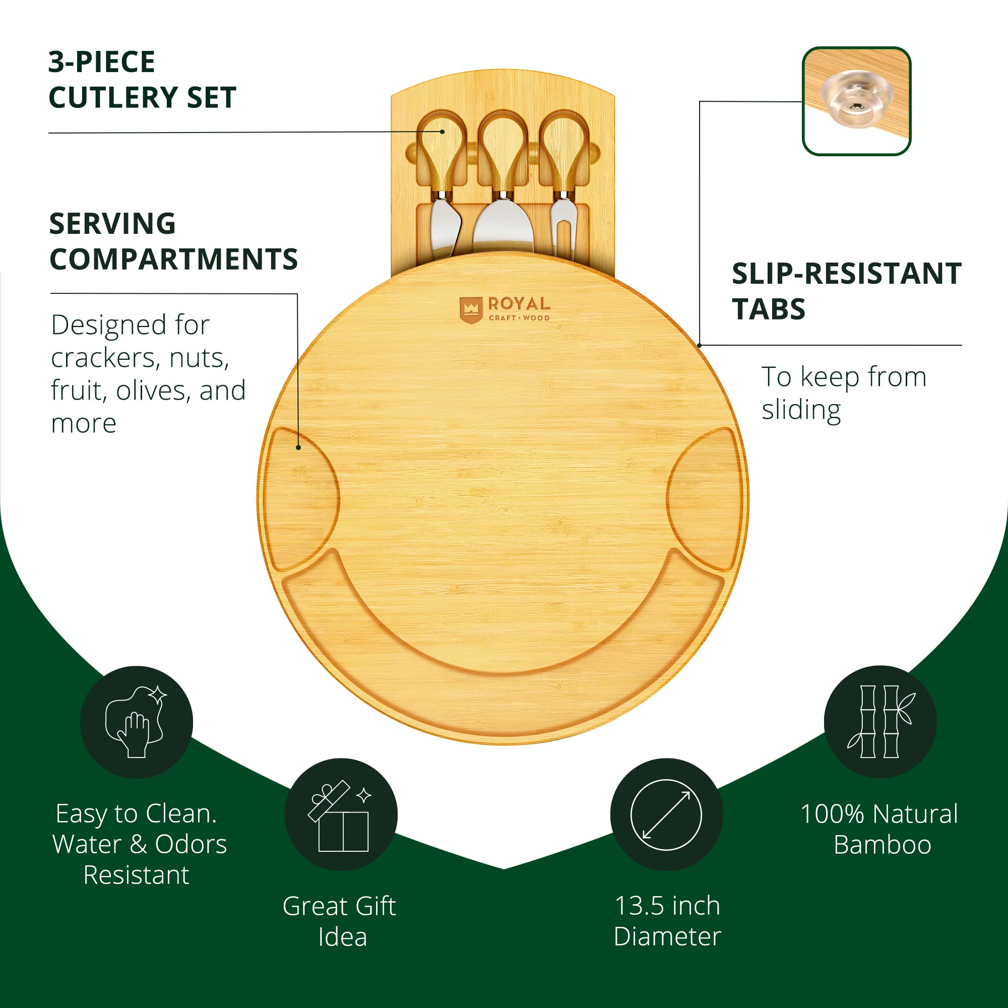 ROYAL CRAFT WOOD Bamboo Cheese Large Round Board and Knife Set with Charcuterie Board & Serving Tray Non - Expandable