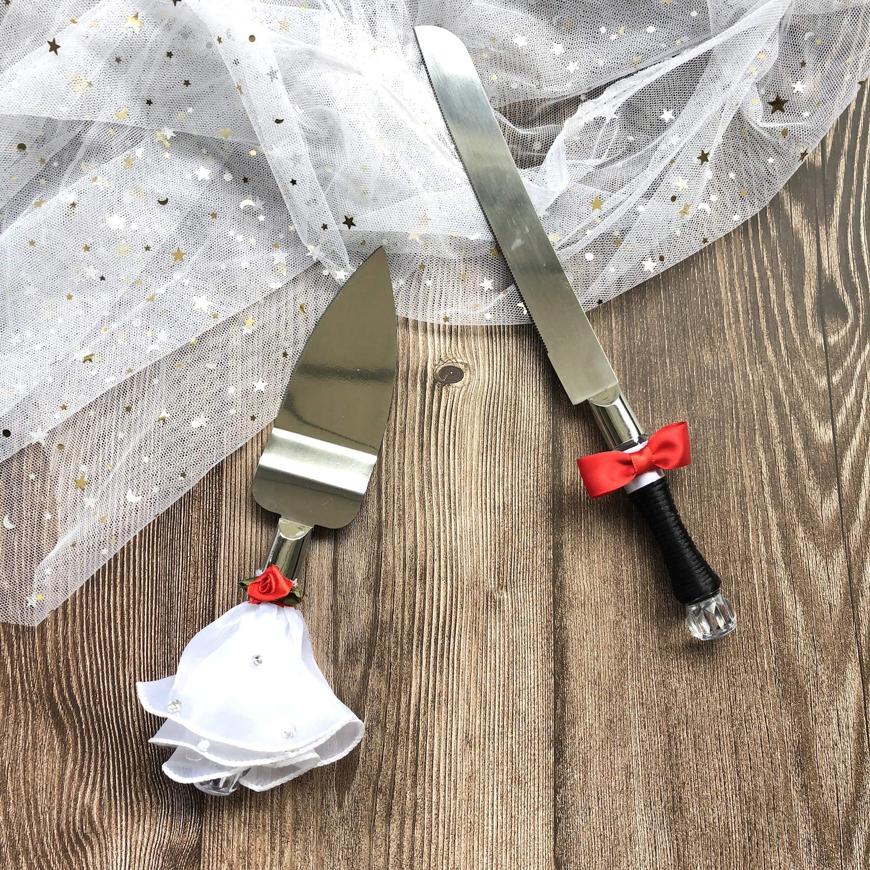 Abbie Home Wedding Anniversary Cake Knife and Server Set - Silk Bow Tie and Red Rose Rhinestone Lace Decoration (Cake Knife&Server Set)