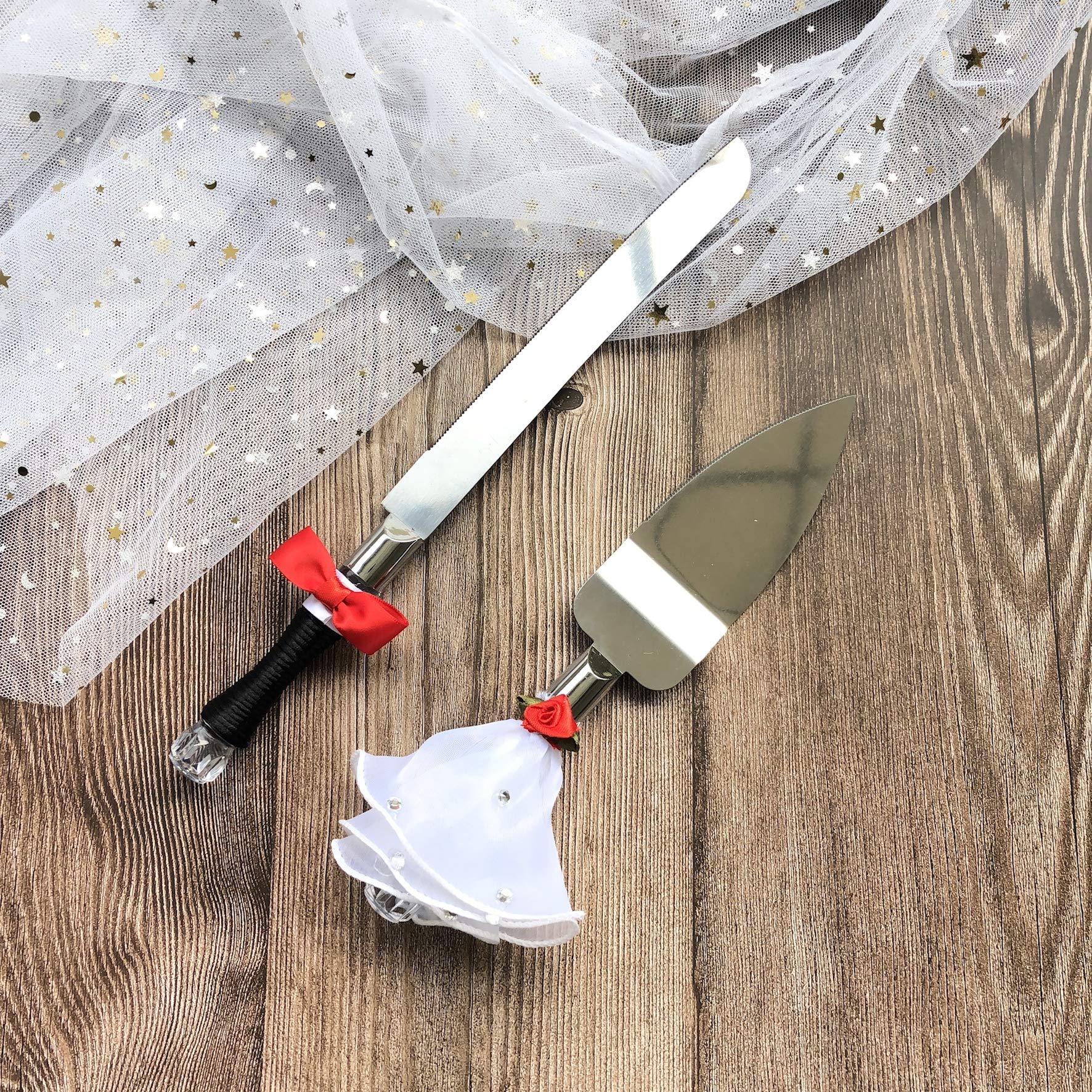 Abbie Home Wedding Anniversary Cake Knife and Server Set - Silk Bow Tie and Red Rose Rhinestone Lace Decoration (Cake Knife&Server Set)