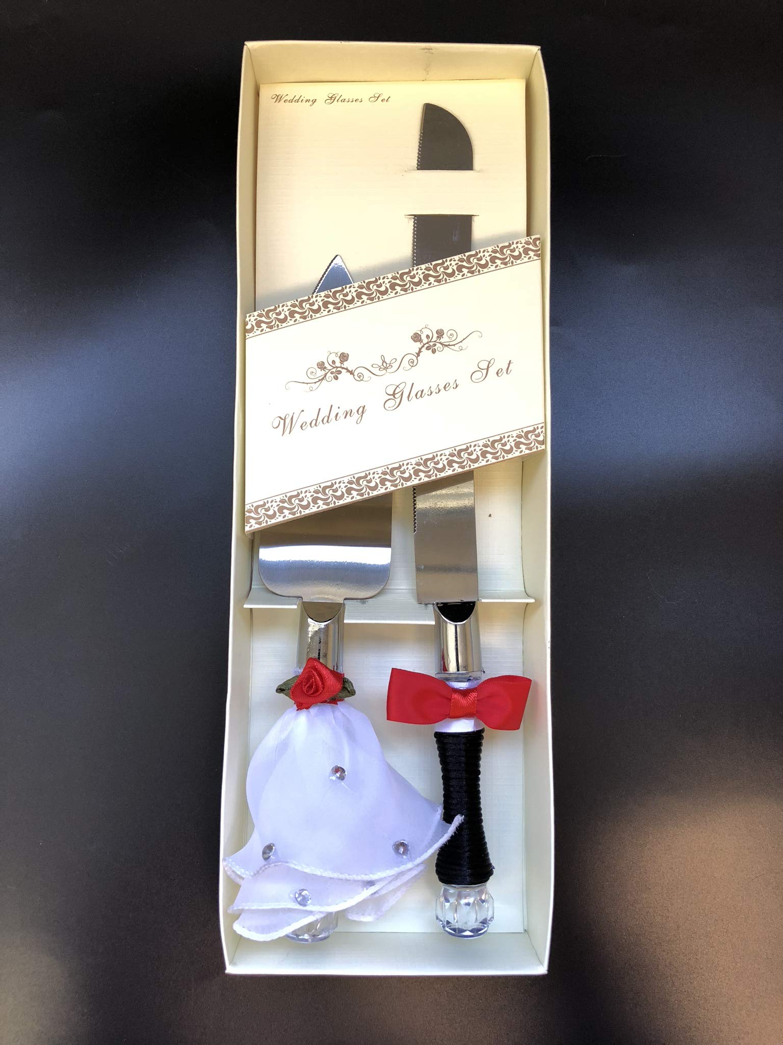 Abbie Home Wedding Anniversary Cake Knife and Server Set - Silk Bow Tie and Red Rose Rhinestone Lace Decoration (Cake Knife&Server Set)