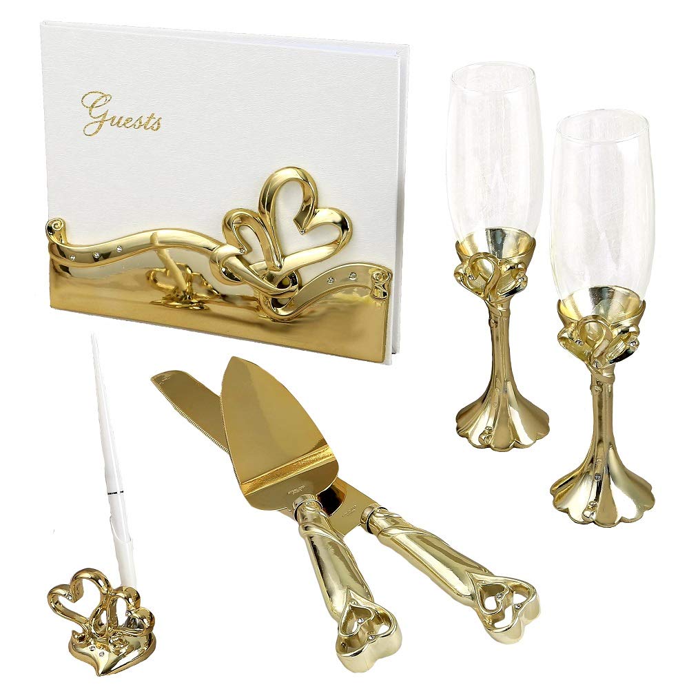 FASHIONCRAFT 2537 Double Heart Themed Wedding Accessory Set, Wedding Favors, Gold