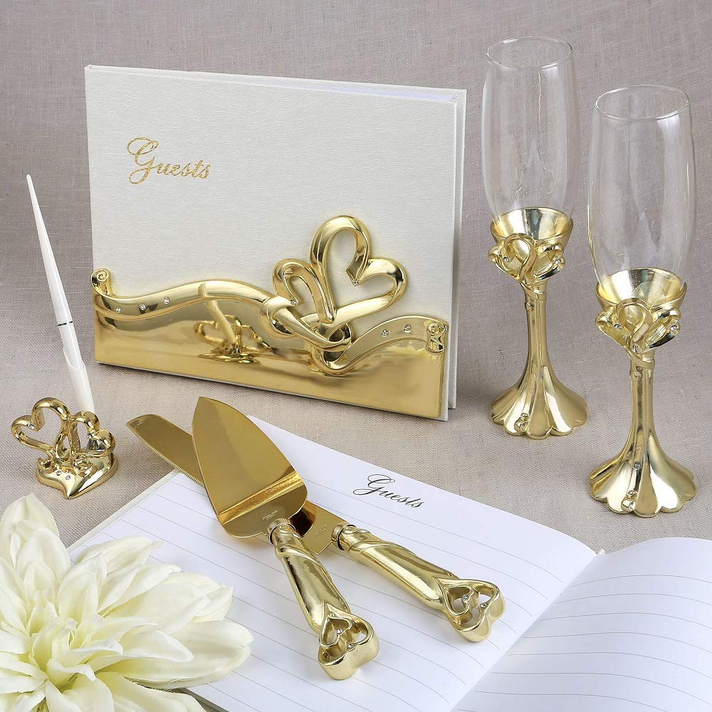 FASHIONCRAFT 2537 Double Heart Themed Wedding Accessory Set, Wedding Favors, Gold