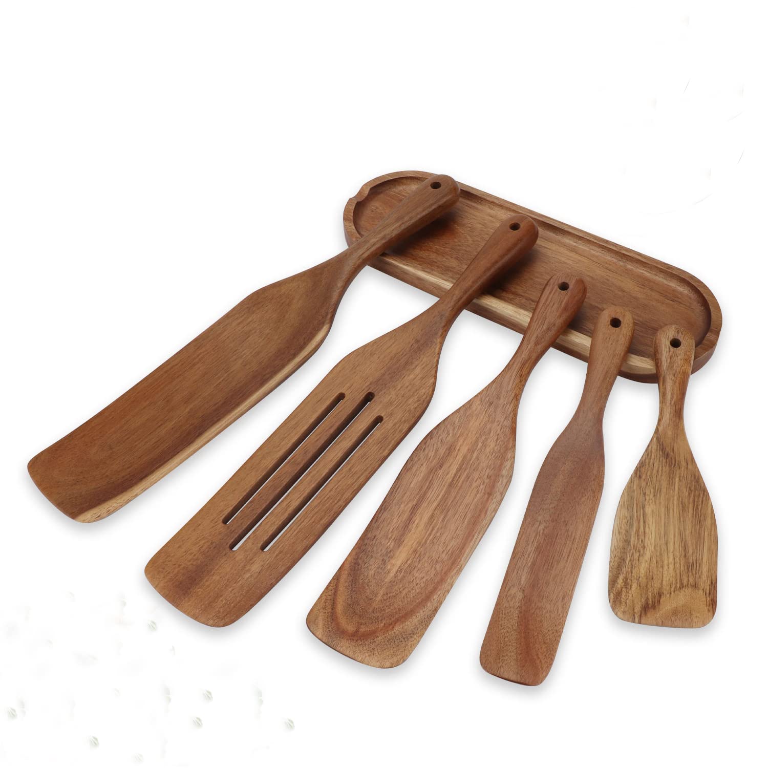 AOOF Wooden Spatula for Cooking, 6Pcs Natural Acacia Kitchen Utensil Set, Slotted, Spreader,Heat Resistant Non Stick Wood Cookware for Mixing,13(01)