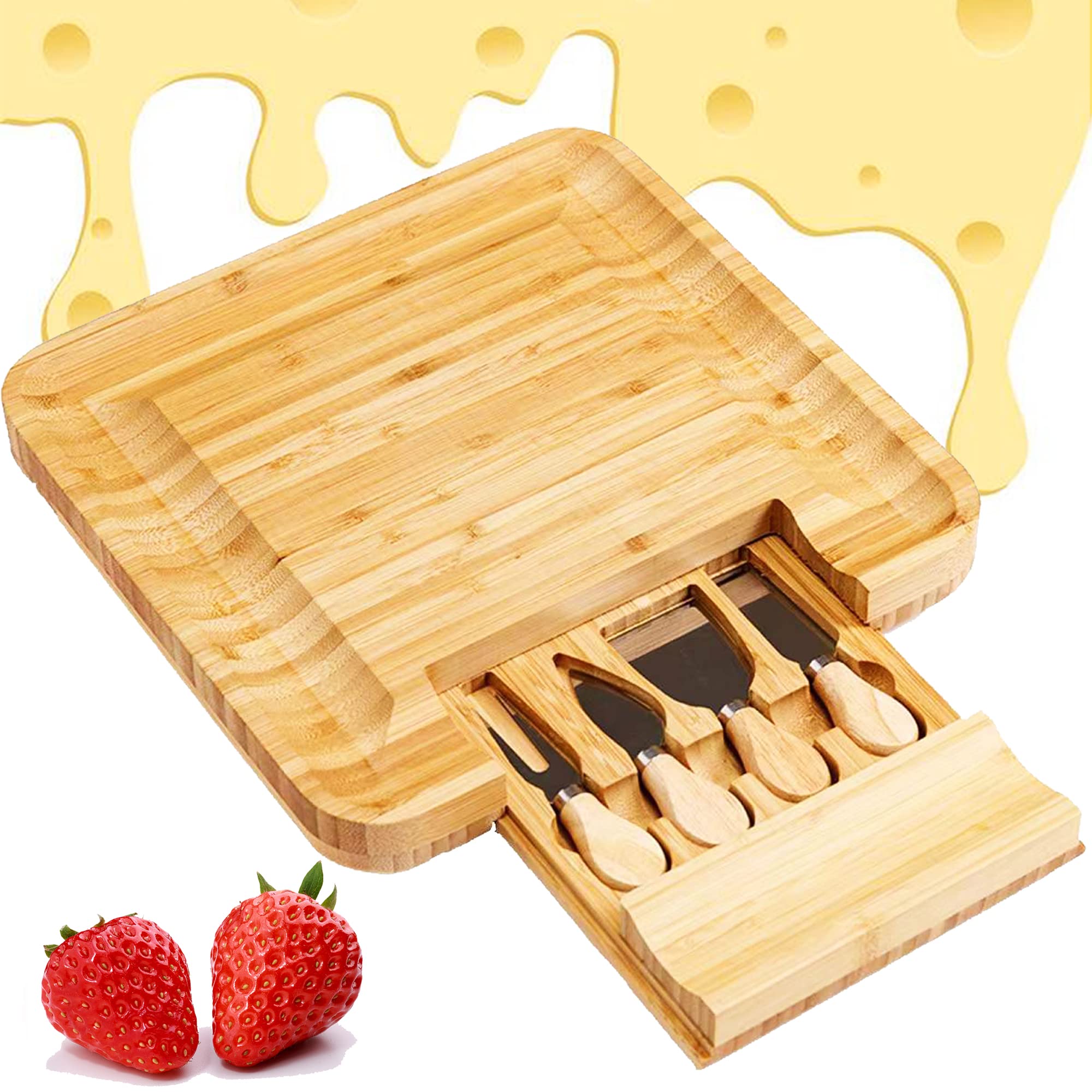 Pylepe Bamboo Cheese Board with 4 Stainless Steel Knife Set,Charcuterie Platter Board Set & Cheese Serving Tray,Unique New House Warming Anniversary Christmas Gift for Couple Women