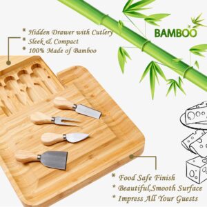 Pylepe Bamboo Cheese Board with 4 Stainless Steel Knife Set,Charcuterie Platter Board Set & Cheese Serving Tray,Unique New House Warming Anniversary Christmas Gift for Couple Women