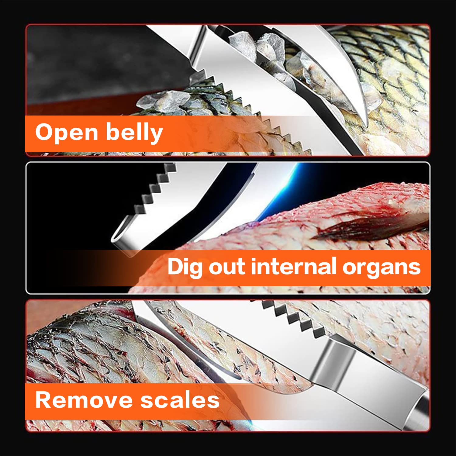 Fish Scale Knife Cut Scrape Dig 3-in-1 Tool, Stainless Steel Fish Maw Knife Fish Scaler Remover, Multifunction Fish Peeler Open Belly and Dig Out Fish Cleaner Tool Kitchen Accessory