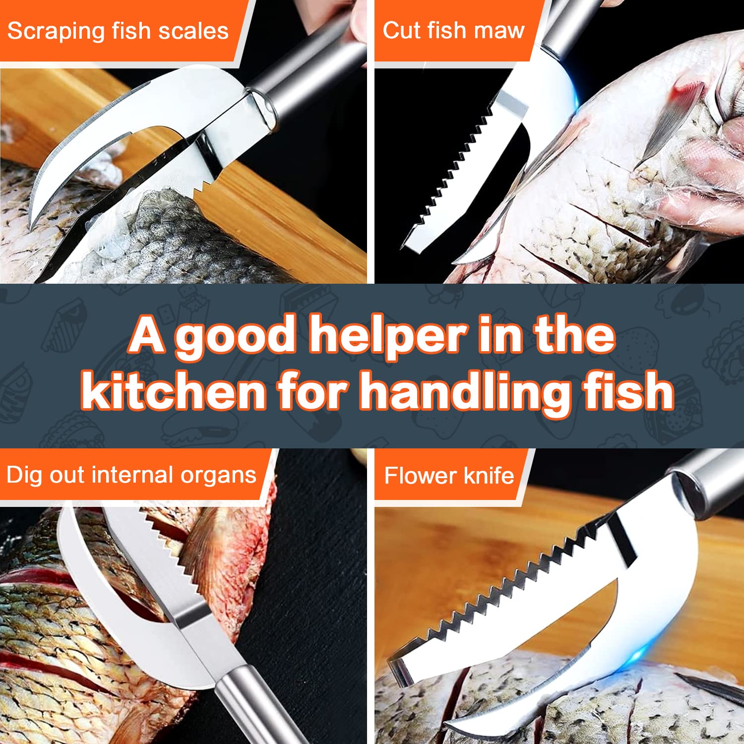 Fish Scale Knife Cut Scrape Dig 3-in-1 Tool, Stainless Steel Fish Maw Knife Fish Scaler Remover, Multifunction Fish Peeler Open Belly and Dig Out Fish Cleaner Tool Kitchen Accessory