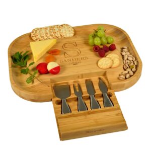 custom personalized engraved bamboo cheese/charcuterie cutting board with knife set & cheese markers- designed & quality checked in usa