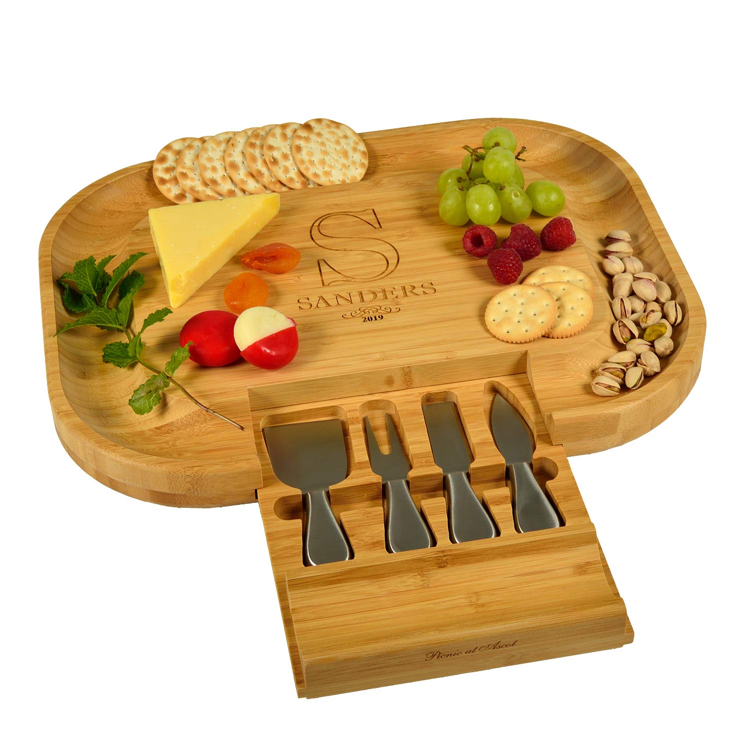 Custom Personalized Engraved Bamboo Cheese/Charcuterie Cutting Board with Knife Set & Cheese Markers- Designed & Quality Checked in USA