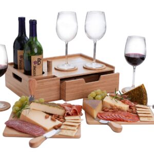 MV Bamboo Wine & Cheese Serving Tray Plus Drawer for Extra Storage Includes Coasters, Cheese Knives, Serving Boards & Handles for Easy Carrying