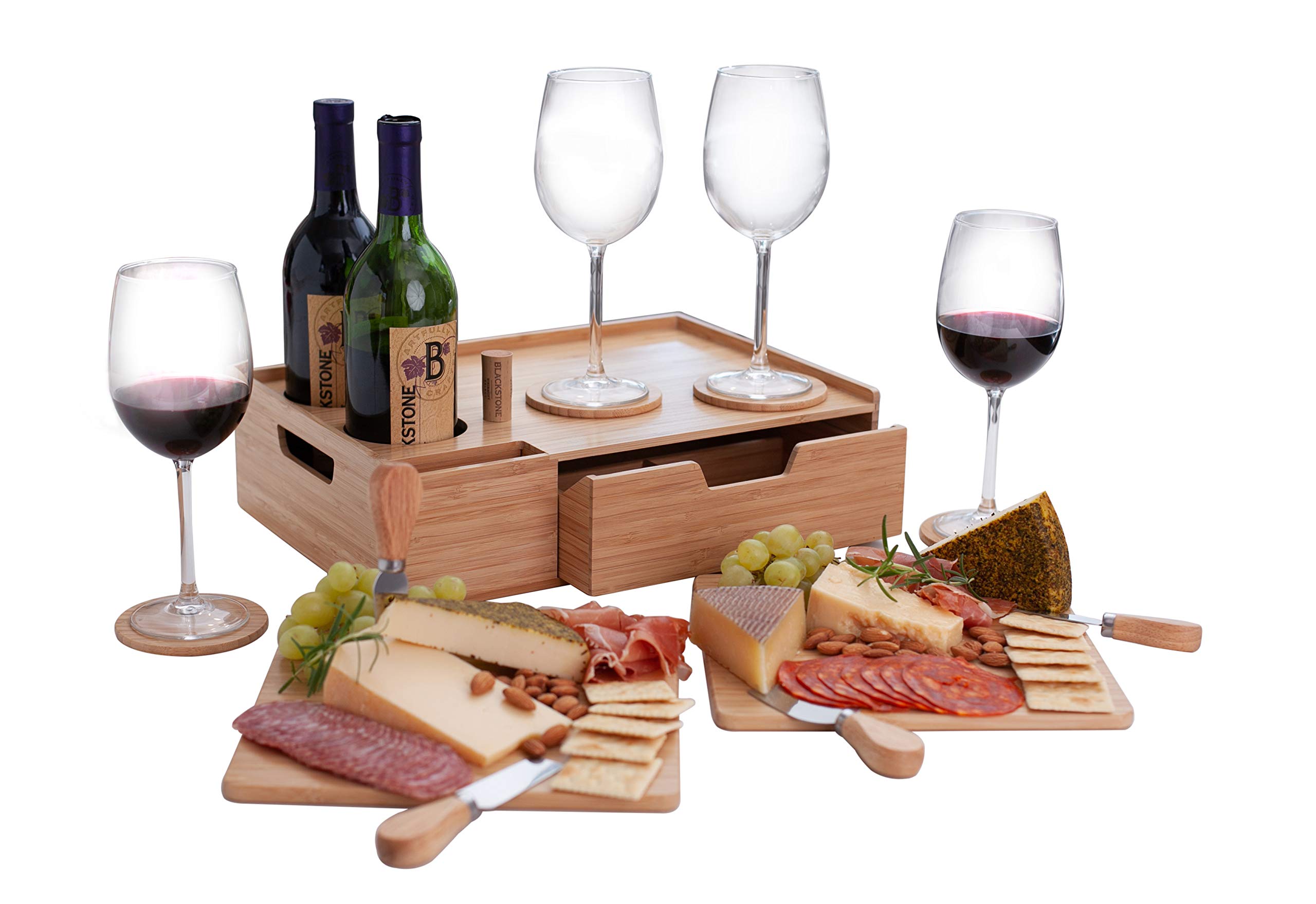 MV Bamboo Wine & Cheese Serving Tray Plus Drawer for Extra Storage Includes Coasters, Cheese Knives, Serving Boards & Handles for Easy Carrying