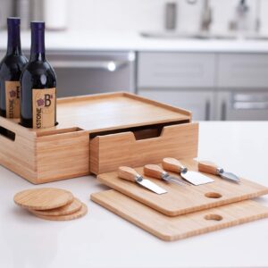 MV Bamboo Wine & Cheese Serving Tray Plus Drawer for Extra Storage Includes Coasters, Cheese Knives, Serving Boards & Handles for Easy Carrying