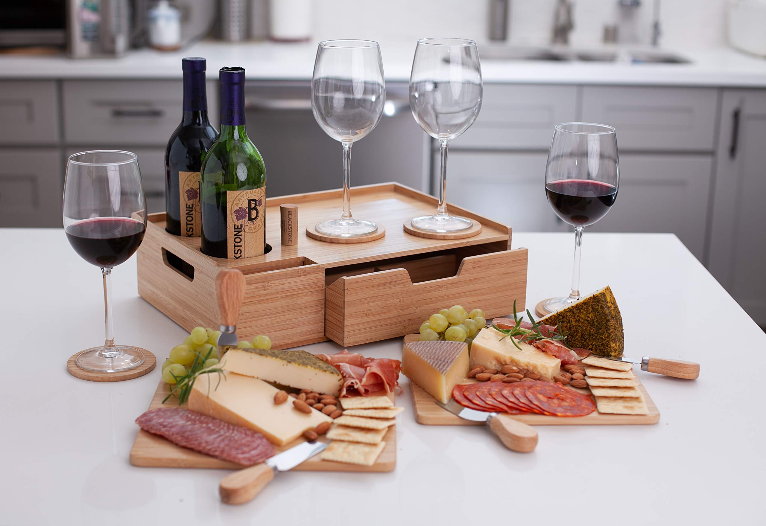 MV Bamboo Wine & Cheese Serving Tray Plus Drawer for Extra Storage Includes Coasters, Cheese Knives, Serving Boards & Handles for Easy Carrying