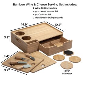 MV Bamboo Wine & Cheese Serving Tray Plus Drawer for Extra Storage Includes Coasters, Cheese Knives, Serving Boards & Handles for Easy Carrying