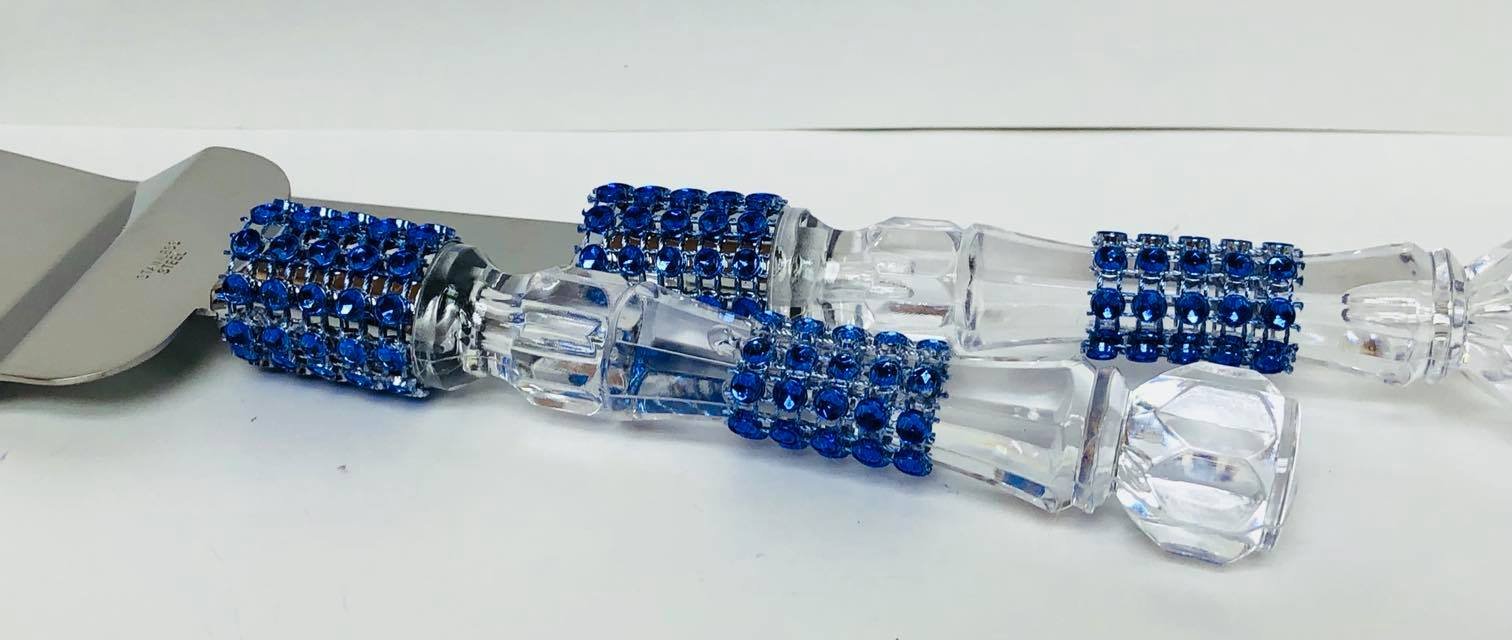 Royal Blue Cake Knife & Server Set Design with Simulated Rhinestone for All Party Occasions