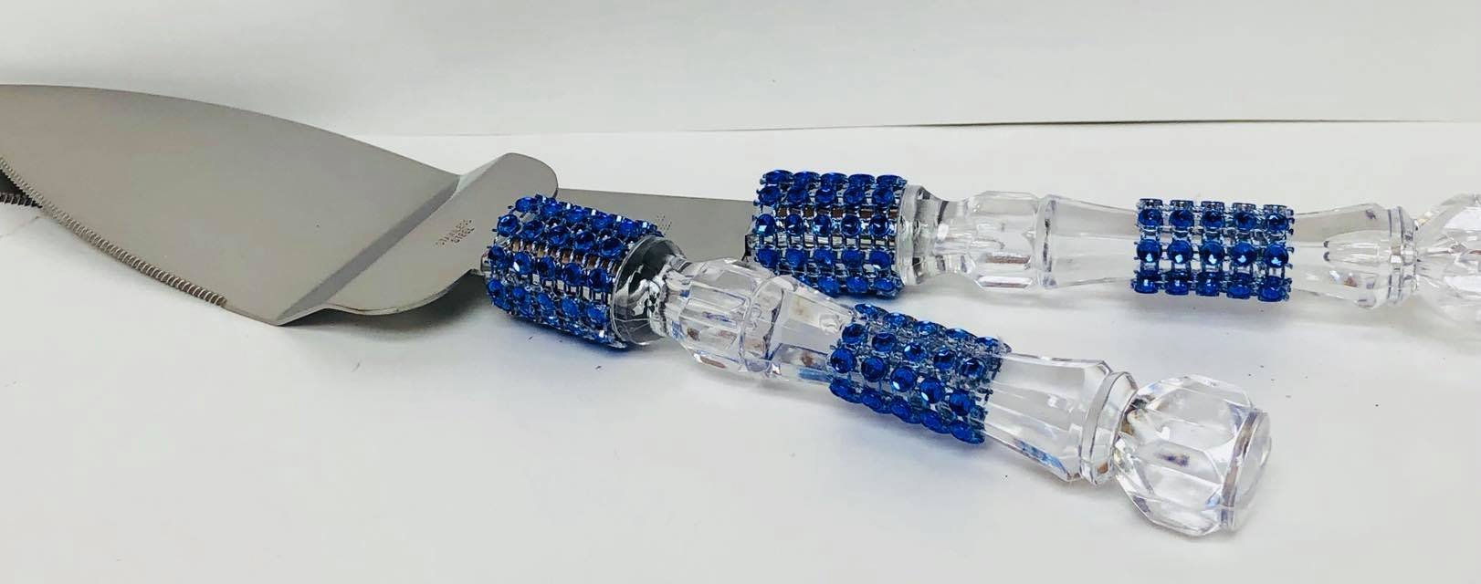 Royal Blue Cake Knife & Server Set Design with Simulated Rhinestone for All Party Occasions