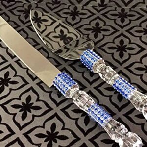 Royal Blue Cake Knife & Server Set Design with Simulated Rhinestone for All Party Occasions