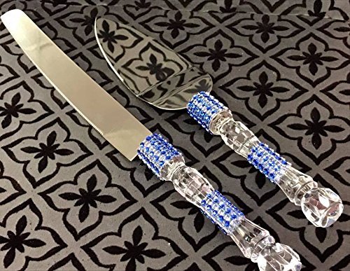 Royal Blue Cake Knife & Server Set Design with Simulated Rhinestone for All Party Occasions