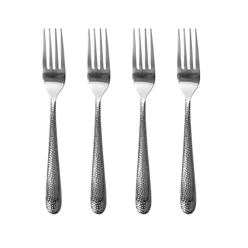 4 Piece Hammered Stainless Steel Handled Flatware/Silverware for Dinner, Dessert, Salad, Appetizer by Home Basics | Home, Kitchen, Restaurant (DINNER FORK)