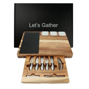 cheese board and knife set with drawer:large charcuterie board set&cheese platter with stainless steel knives, bowls and slates-house warming&new home gifts,bridal&wedding gifts