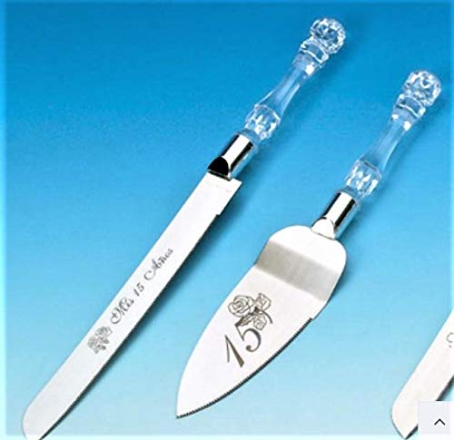 Mis Quince 15 Anos Cake Knife and Server Set Acrylic Crystal Handle -Cuchillos y Pala