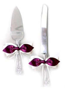 burgundy wine satin bow ivory ribbon cake knife and server set