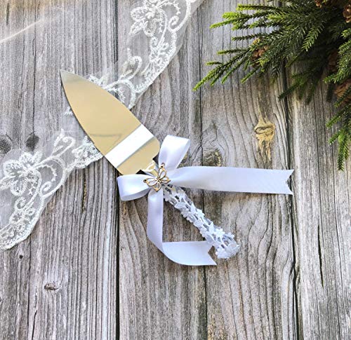 Abbie Home Wedding Cake Knife and Server Set - Flower Wrapped Handle with Silk Bow and Rhinestone Jewelry Décor (Butterfly)