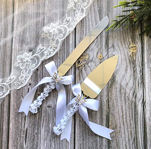 Abbie Home Wedding Cake Knife and Server Set - Flower Wrapped Handle with Silk Bow and Rhinestone Jewelry Décor (Butterfly)