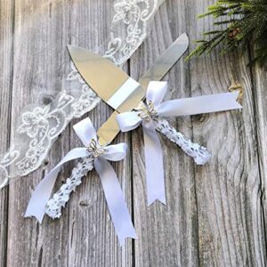 Abbie Home Wedding Cake Knife and Server Set - Flower Wrapped Handle with Silk Bow and Rhinestone Jewelry Décor (Butterfly)