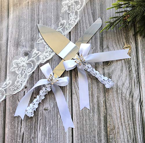 Abbie Home Wedding Cake Knife and Server Set - Flower Wrapped Handle with Silk Bow and Rhinestone Jewelry Décor (Butterfly)